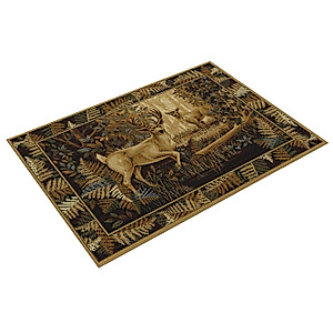 Fern Deer Novelty Lodge Pattern Beige Rectangle Area Rug, 5' x 7'