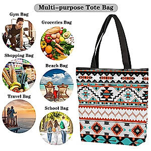 Ethnic Aztec Canvas Tote Bag, Eco Friendly Reusable Grocery Shopping Bags Beach Bag Book Tote Handbags Washable Shoulder Bag With Zipper Inner Pocket for Women Girls