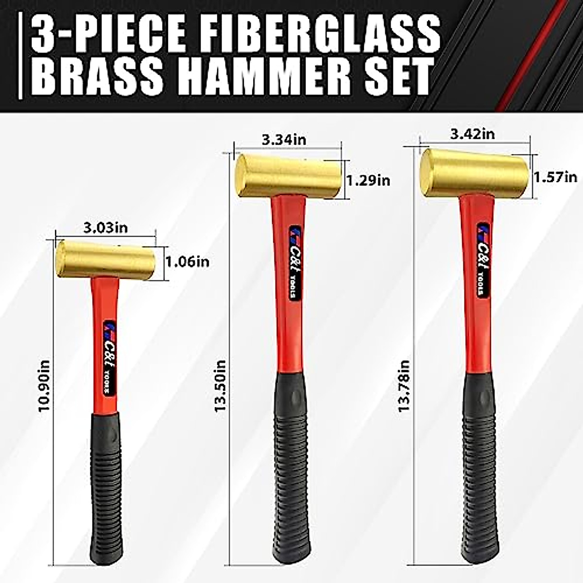C&T 3-Piece Hammer Set,Jacketed Fiberglass Solid Brass Non-Sparking Hammer,16, 24, 32oz,Non Marring Non Sparking