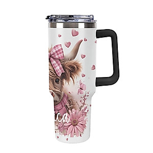 Zxyhomex Personalize Cute Pink Cow Print Tumbler 40 oz with Handle Straw Lid, Heifer 40oz Vacuum Insulated Coffee Mug, Highland Cow Birthday Gifts