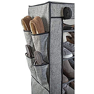 Simplify 7 Tier Double Wide 14 Shelf Shoe Storage Closet Organizer Rack with Cover and Side Pockets, Freestanding, Holds 42 Pairs, Good for Sneakers, Flats, Heels & Boots, Black