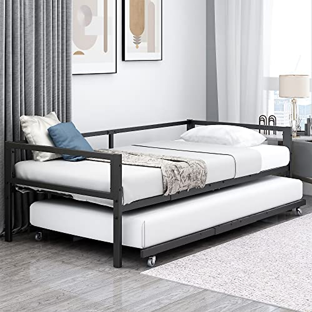 DUMEE Metal Daybed Frame with Trundle, Multifunctional Mattress Foundation/ Day Bed Sofa with Headboard, Easy Roll in-Out Trundle Bed (Twin, Black)