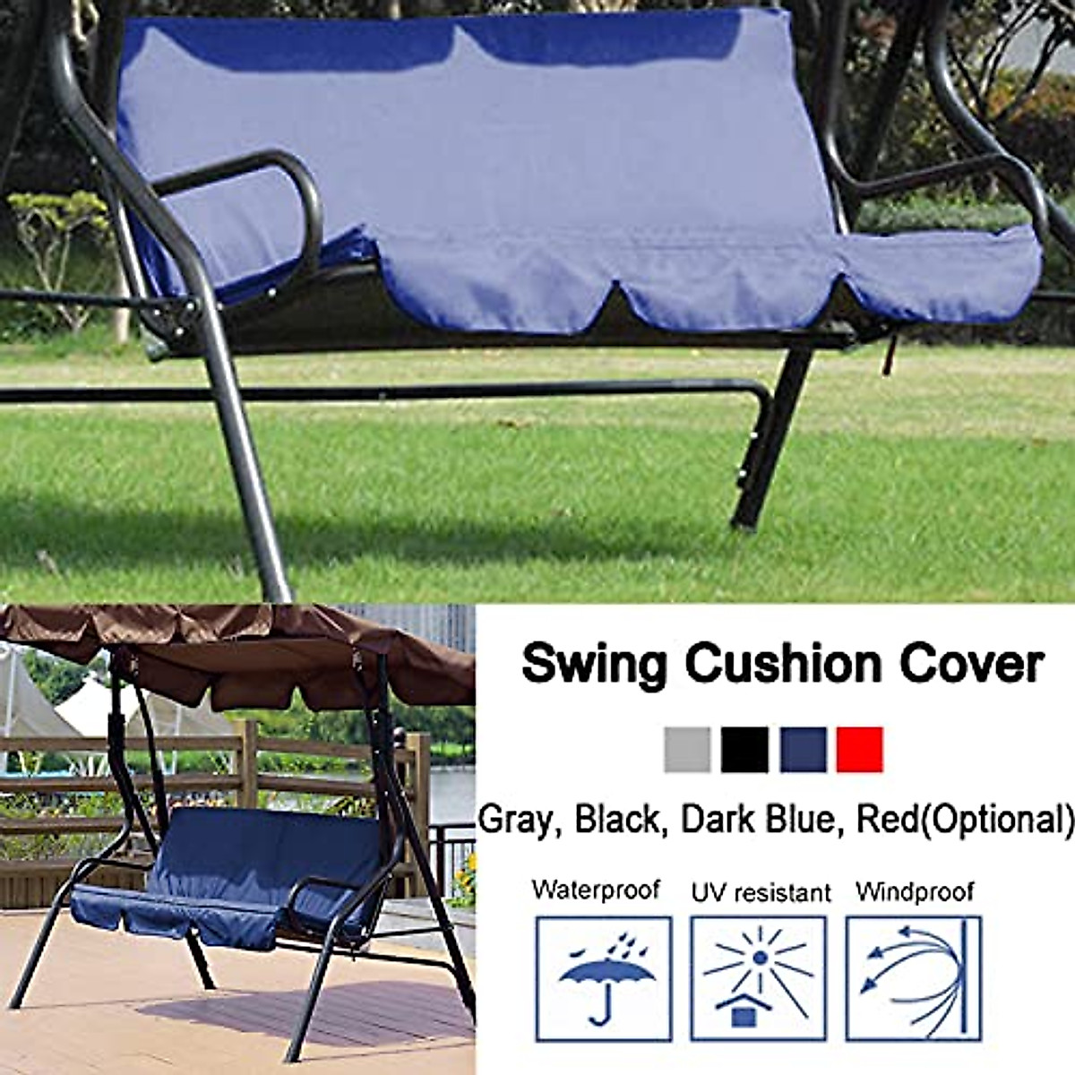 Zerone 3 Seat Swing Cushion Cover, Foldable Waterproof Furniture Chair Cushion Bench Settee Cushion Cover Replacement for Outdoor Patio Garden Yard