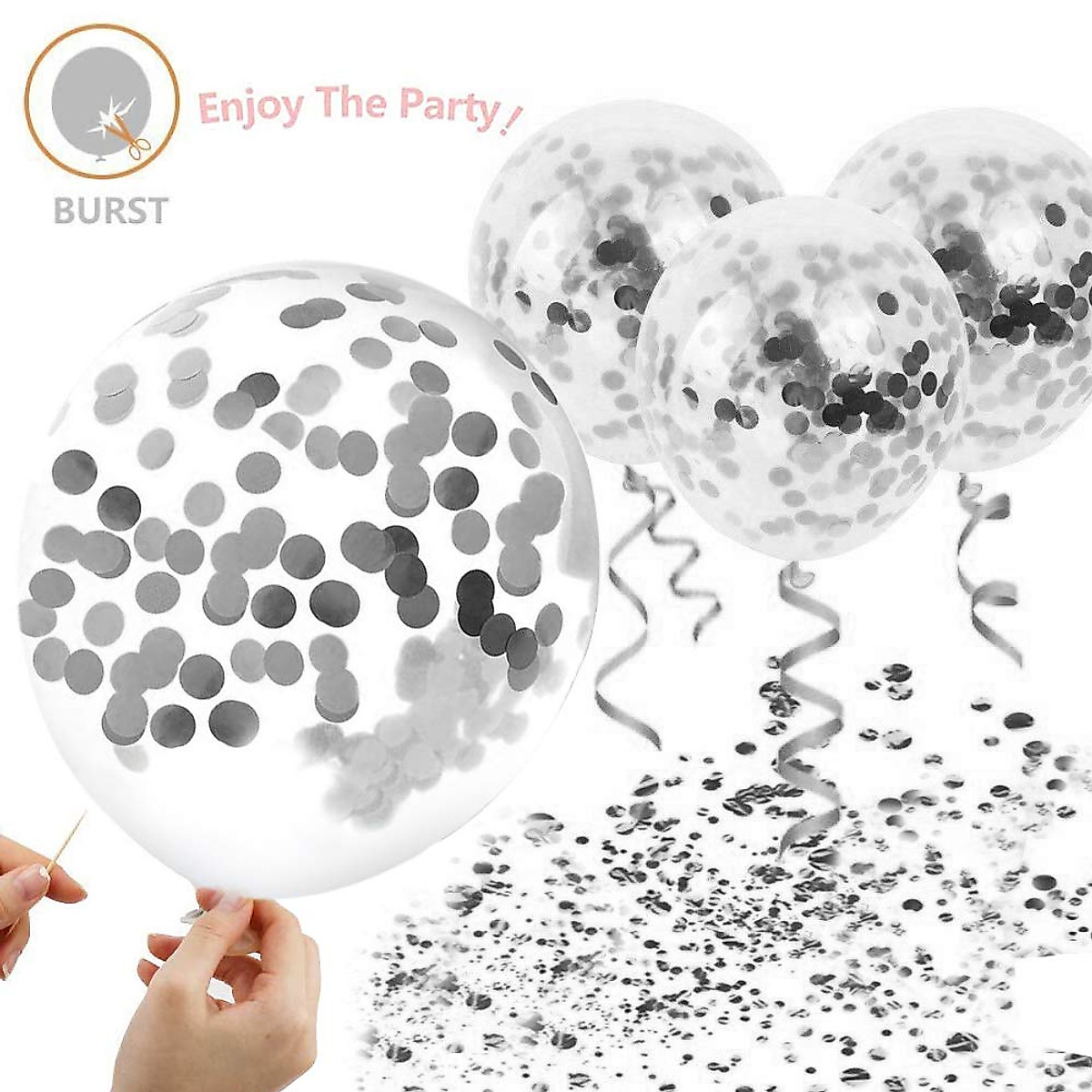 RIIMUHIR White Silver Confetti Party Balloons - 60 Pcs 12inch White Pearl Silver Metallic Chrome Latex Balloon Set with 33Ft Silver...