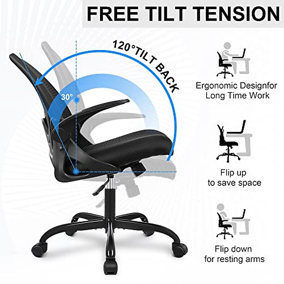 Primy Office Chair Ergonomic Desk Chair with Adjustable Lumbar Support and Height, Swivel Breathable Desk Mesh Computer Chair with Flip up Armrests for Conference Room (Black)