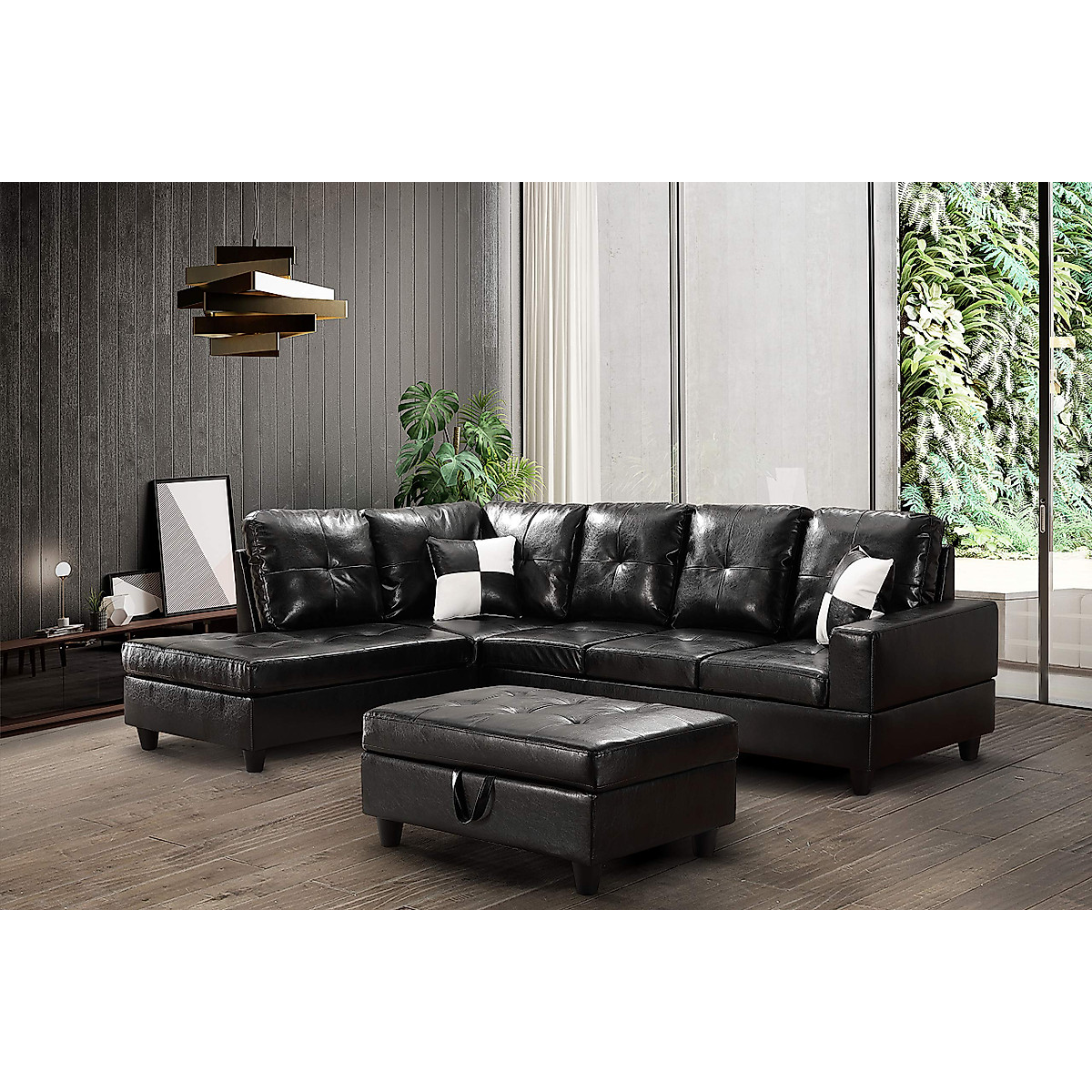 GINGVAT Faux Leather Sectional Sofa Couch L-Shape with Left Chaise Storage Ottoman & 2 Pillows, Living Room Furniture Sets, Black