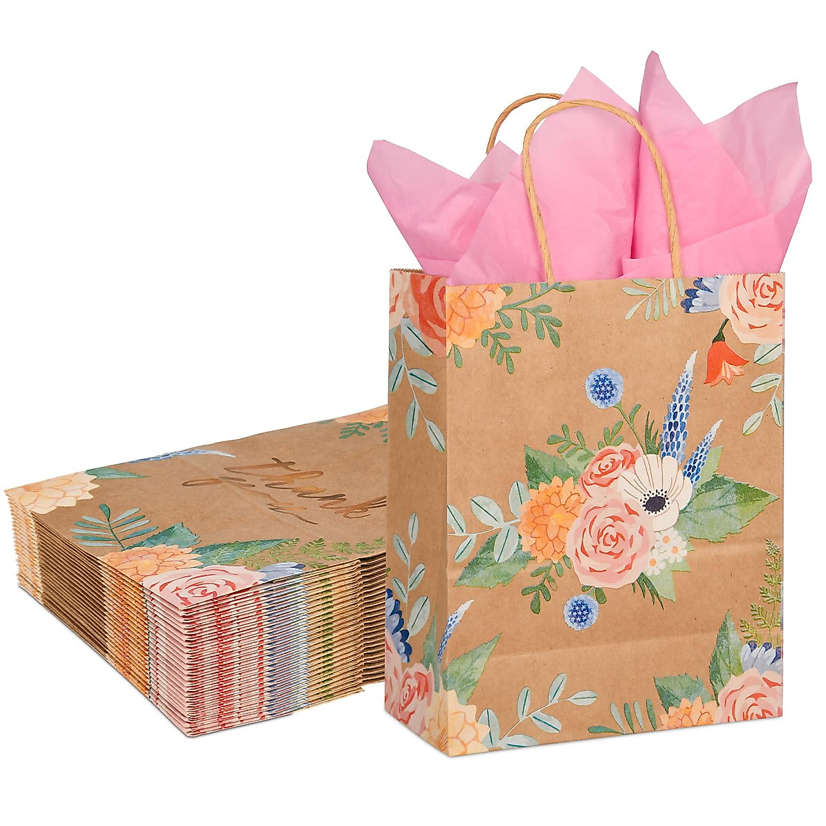DjinnGlory 25 Pack 10x8x4 Inch Medium Sized Brown Kraft Floral Paper Gift Bags with and 25-Sheet Pink Tissue Paper for Birthday Wedding Baby Shower Party Treats, Goodies, Christmas Gifts (Thank You Design)
