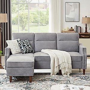 Chireca 79" L-Shaped 3 Seat Sectional Sofa, Mid-Century Modern Couch with Ottoman, Storage Pocket & Wood Legs, Microfiber Couches for Living Room, Apartment, Small Spaces