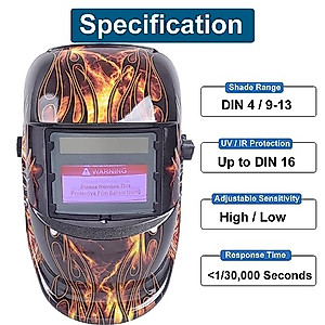 Solar Power Auto Darkening Welding Helmet with Wide Shade Range 4/5-9/9-13 with Grinding Feature & 2 Extra Lens Covers for ARC MAG MIG MMA Stick TIG Plasma Cutting (Model-44)