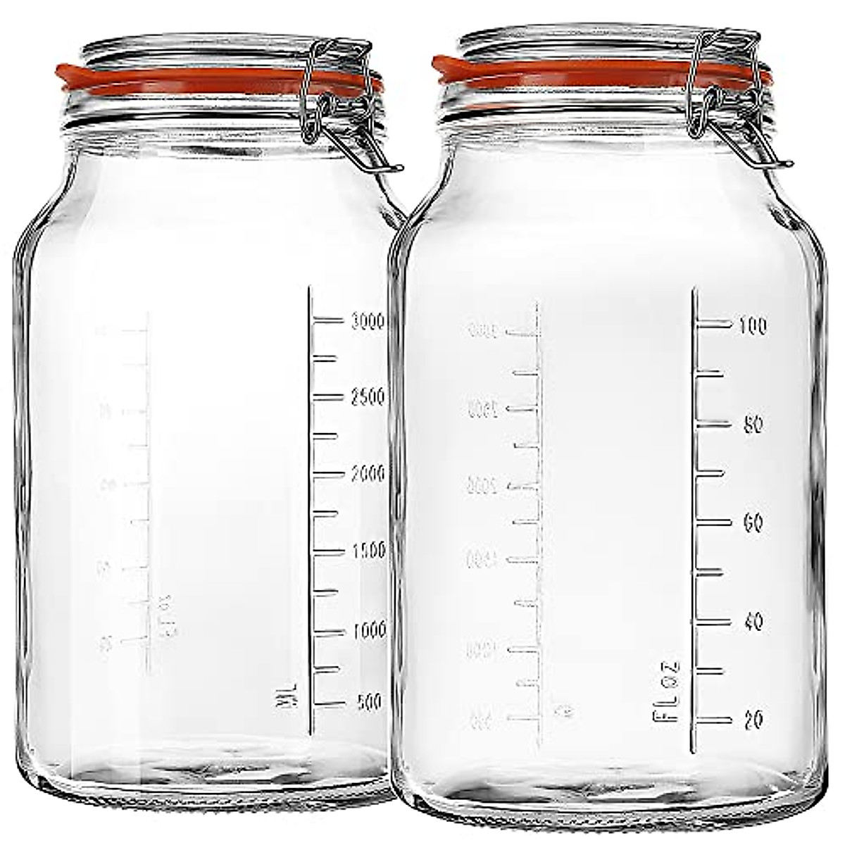 Super Wide-Mouth Glass Jars with Hinged Lids, 1-Gallon (4100 ML) Leak Proof Glass Canning Jars with Airtight Lids and 2 Measurement Marks. Large Capacity, Sturdy For Canning, Overnight Oats, 2-Pack