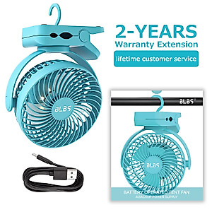 Camping Fan with LED Light - 12000mAh 65Hrs Battery Powered, Portable Rechargeable, Use As Power Bank, Clip On, Tent Fan for Camping, Camp Fan for Tent, Ceiling Fan for Tent RV Bed, Blue