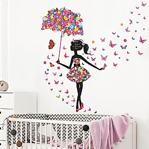 Supzone Flower Fairy Wall Decal Girl with Umbrella Wall Sticker Colorful Butterfly Floral Wall Decor DIY Vinyl Mural Art for Girls Baby Nursery Bedroom Living Room Playroom