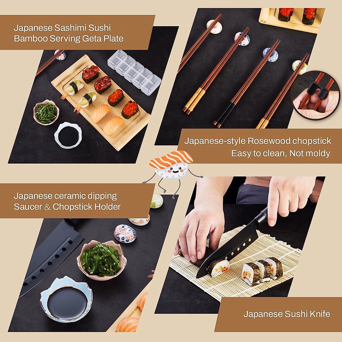 YDGFUHM Deluxe Sushi Making Kit 25-in-1 Bazooka Roller Set, Bamboo Mat,Knife,Sauce Tray,Japanese Sashimi Sushi Bamboo Serving Geta Plate,and More - Perfect for Beginners