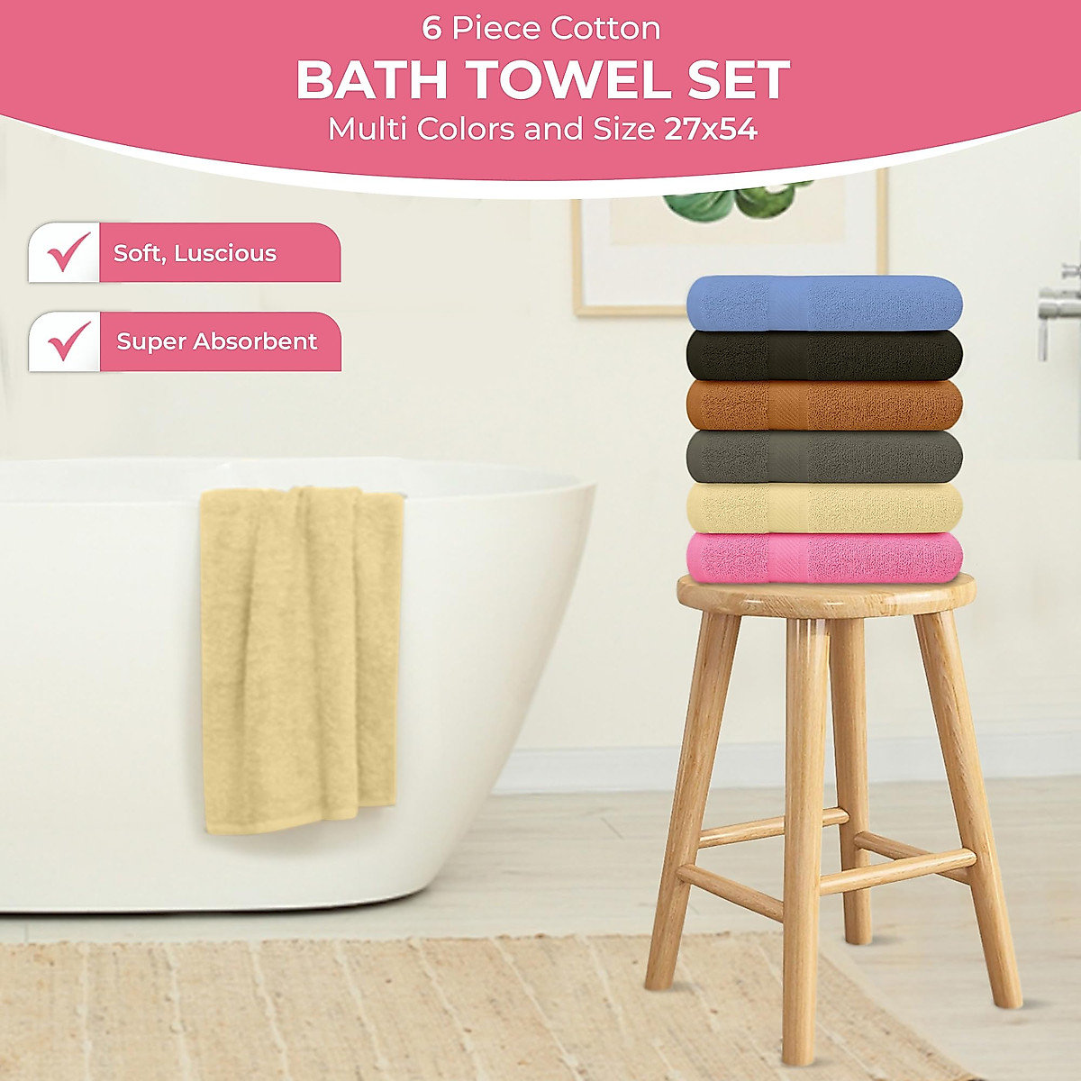 QUBA LINEN Bamboo Cotton Bath Towels-27x54inch - 6 Pack Shower Towels - Light Weight, Ultra Absorbent Towels for Bathroom (Multi Color)