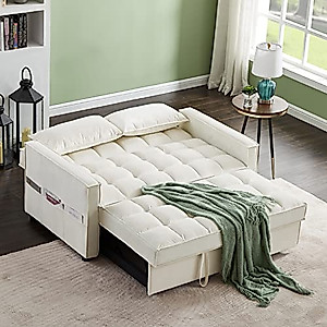 Aoowow 58 Inch Convertible Sleeper Sofa, Velvet Loveseat Sleeper Pull Out Sofa Bed Convertible Loveseat with Adjustable Backrest, 2 Pillows and Side Pockets for Living Room Small Spaces (Beige)