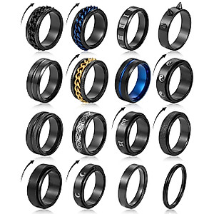 Black Stainless Steel Rings for Men, Fashion Wedding Promise Male Band Rings Set, Simple Cool Spinner Anxiety Rings Pack for Men Women Size 6-11. (1-16 Pcs Black, 9)