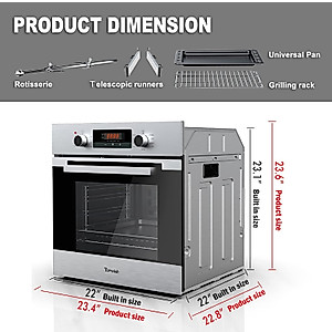 24" Single Wall Oven, 2.3 Cu.ft. Built-in Electric Wall Oven 9 Cooking Functions, Convection Wall Oven with Sensitive Touch Control, Timer, Stainless Steel Finish, For Kitchen, ETL Certified