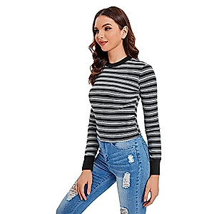 SheIn Women's Striped Mock Neck Shirt Top Long Sleeve Turtleneck Tee T-Shirts Black Stripe Medium