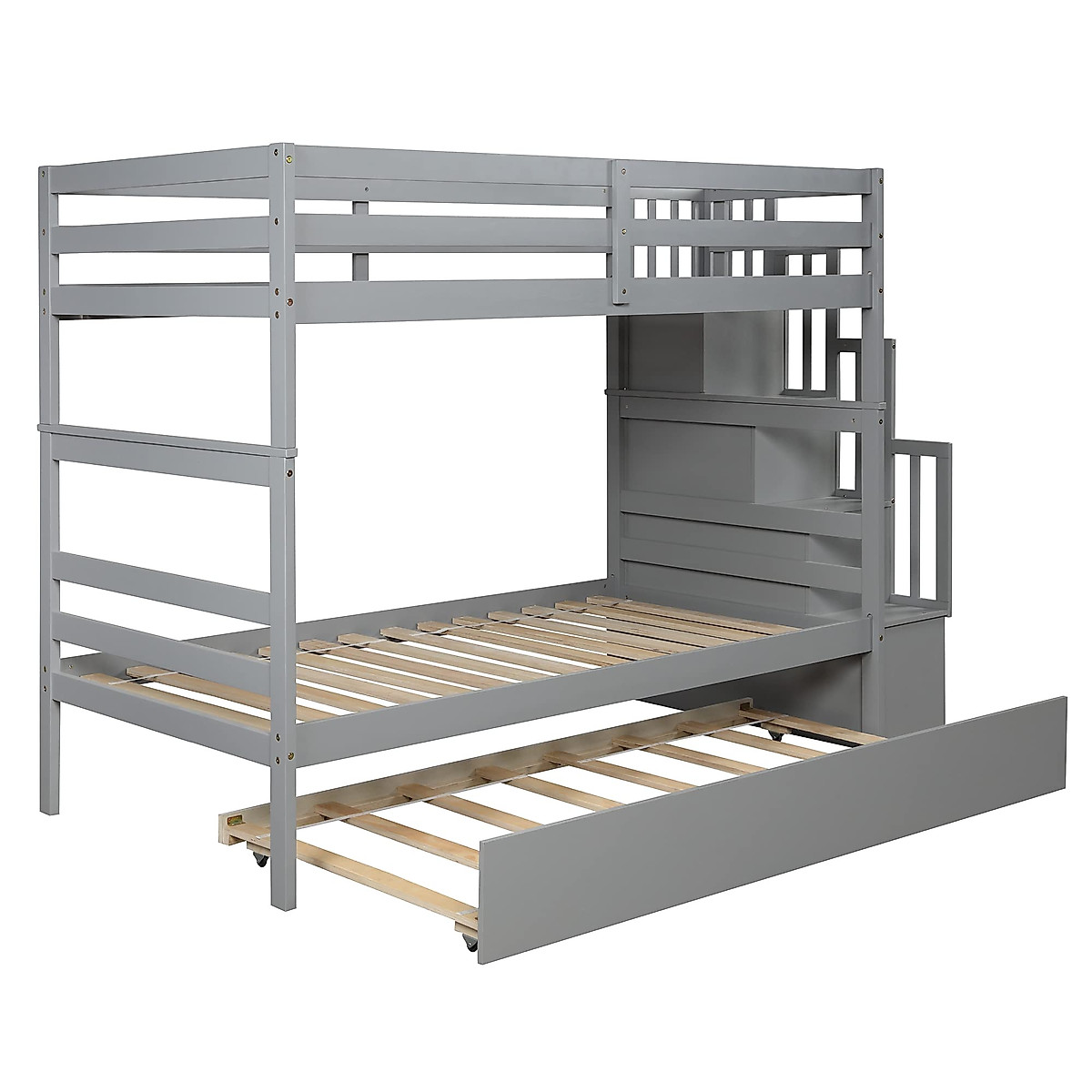 Harper & Bright Designs Stairway Bunk Bed Twin Over Twin with Trundle,Detachable Bunk Beds Twin Over Twin with Stairs,Wood Twin Bunk Beds with Storage Shelves for Kids Teens Girls Boys, Grey
