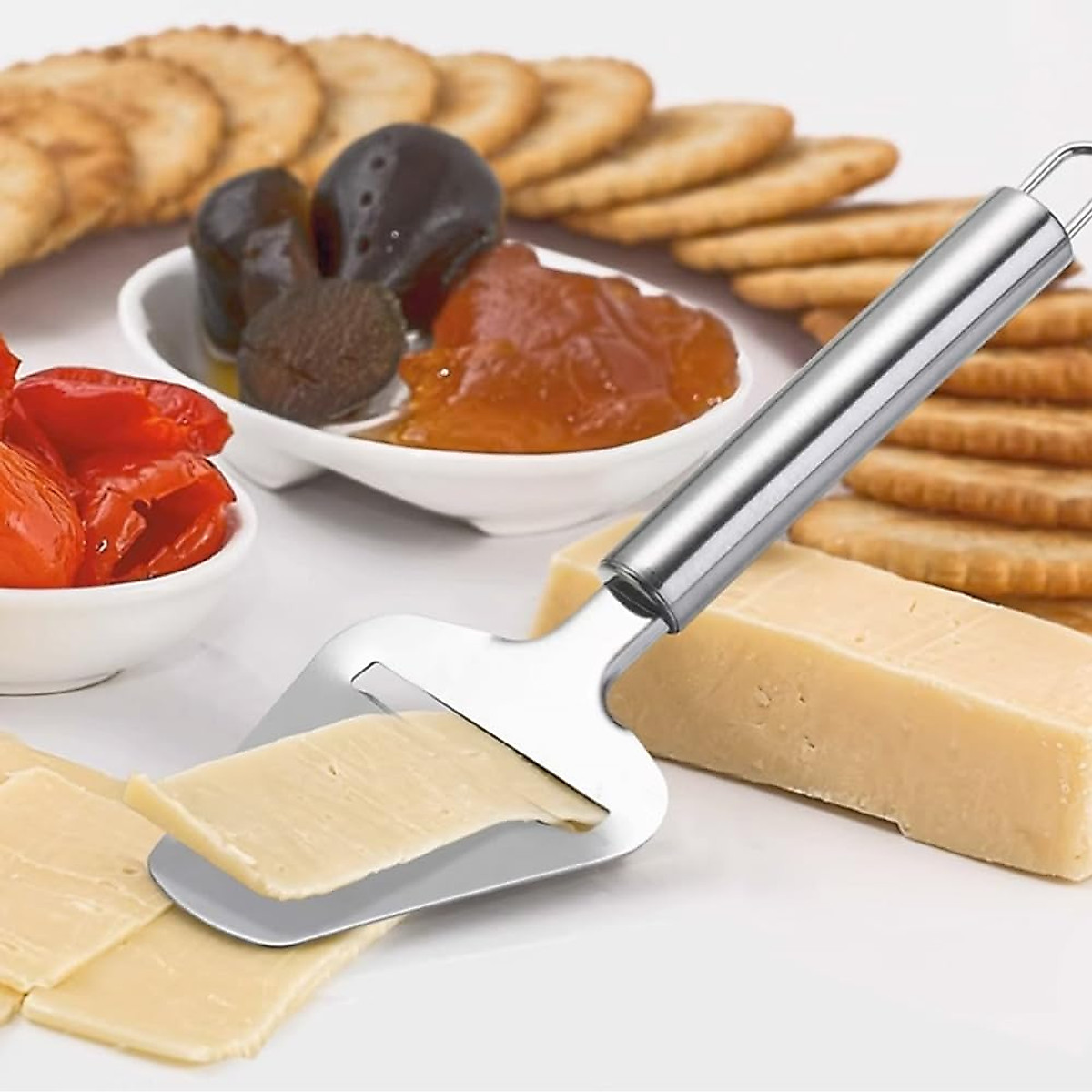 CALIDAKA Cheese Slicer & Cheese Cutter, Stainless Steel Cheese Slicer with 5 Replacement Wires,Cheese Cutter for Block Cheese, Metal Cheese Slicer Cutting Board