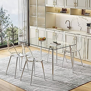 51 inch Glass Dining Table Set for 4, Dining Table & Chair Sets with Silver Plating Legs for Kitchen, Modern Rectangle Tempered Glass Table Top and Transparent Plastic Dining Chair for Dining Room