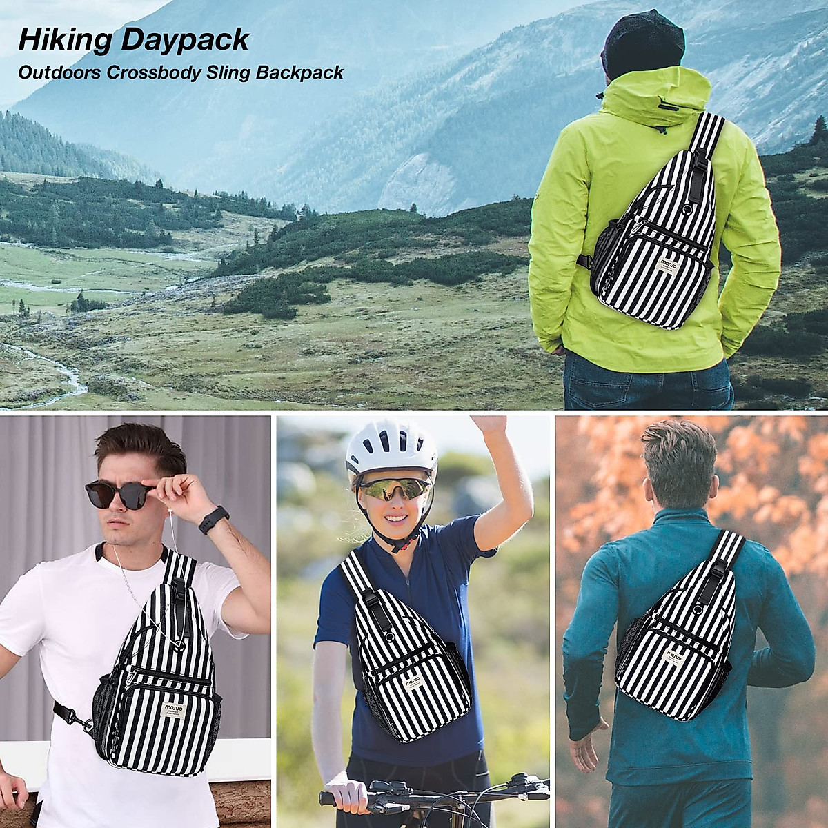 MOSISO Crossbody Sling Backpack, Vertical Stripe Sling Bag with Front Raised Pocket Travel Hiking One Shoulder Chest Bag Daypack, Black