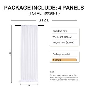 20x10ft White Sheer Backdrop Curtains with Lights for Parties, Wrinkle Resistant Backdrop Curtain for Baby Shower Birthday Wedding Photo, 4 Pack 5x10FT Curtains