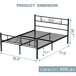 Weehom Full Size Bed Frame, Metal Platform Bed Mattress Foundation/Box Spring Replacement with Headboard Black