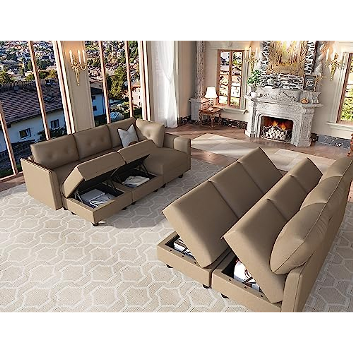 LLappuil Oversized Modular Sectional Sofa with Storage, Faux Leather Fabric U Shaped Sectional with Chaise, 12 Seater Modular Sleeper Couch for Living Room, Cognac