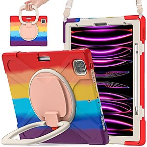 Kids Case for iPad Pro 12.9 Inch 6th/5th/4th/3rd Generation 2022 2021 2020 2018, SCSVPN Shockproof Silicone Protection Cover with Pencil Holder- Rotating Stand/Handle- Shoulder Strap, Colorful Red