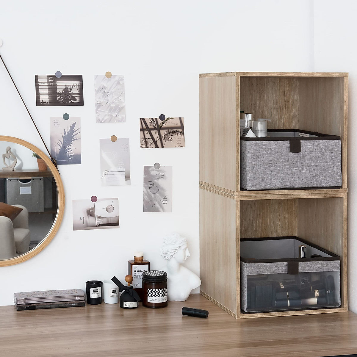 StorageWorks Fabric Storage Bins with Clear Window and 2 Handles, Foldable Closet Organizers for Shelves, Drawer Organizers for Clothing, Mixing of Brown and Gray, Medium, 2 Pack