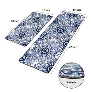 ASPMIZ Kitchen Mats Sets 2 Piece, Memory Foam Kitchen Rugs and Mats Non Slip Washable, Farmhouse Anti Fatigue Kitchen Mat and Runner Set, Blue Cushioned Floor Comfort Mat, 17'' x 47'' + 17'' x 30''