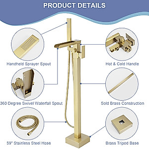Freestanding Bathtub Faucet Brushed Gold Waterfall Bathtub Faucet Floor Mount Tub Filler Single Handle Bathtub Shower Faucets with Hand Shower Swivel Spout Brass Mixer Tap by BWE