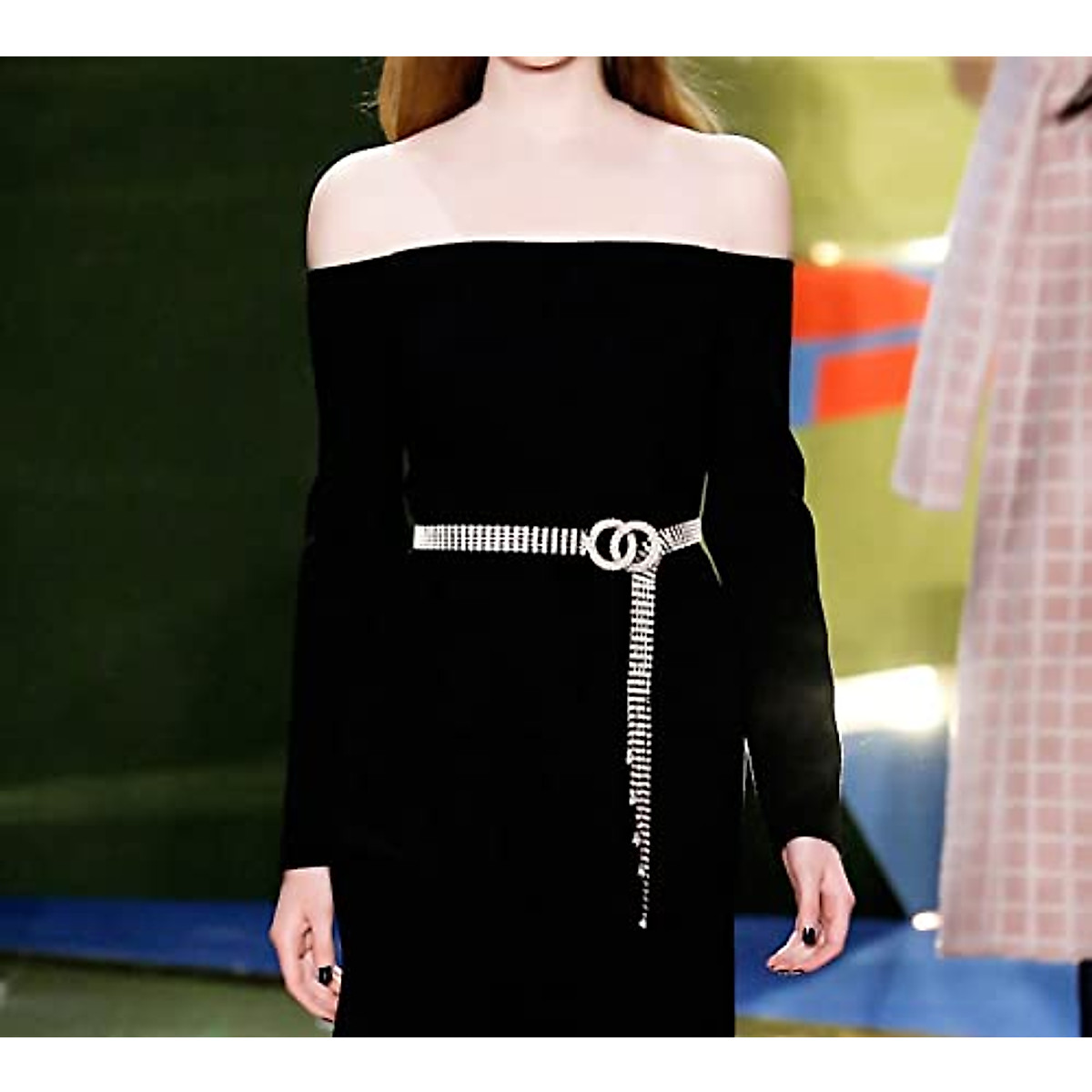 Lovful Women's Dress Belts with Rose Gold Rhinestone,Double O-Ring Sparkle Chain Waistband Belt,Silver,45 inches