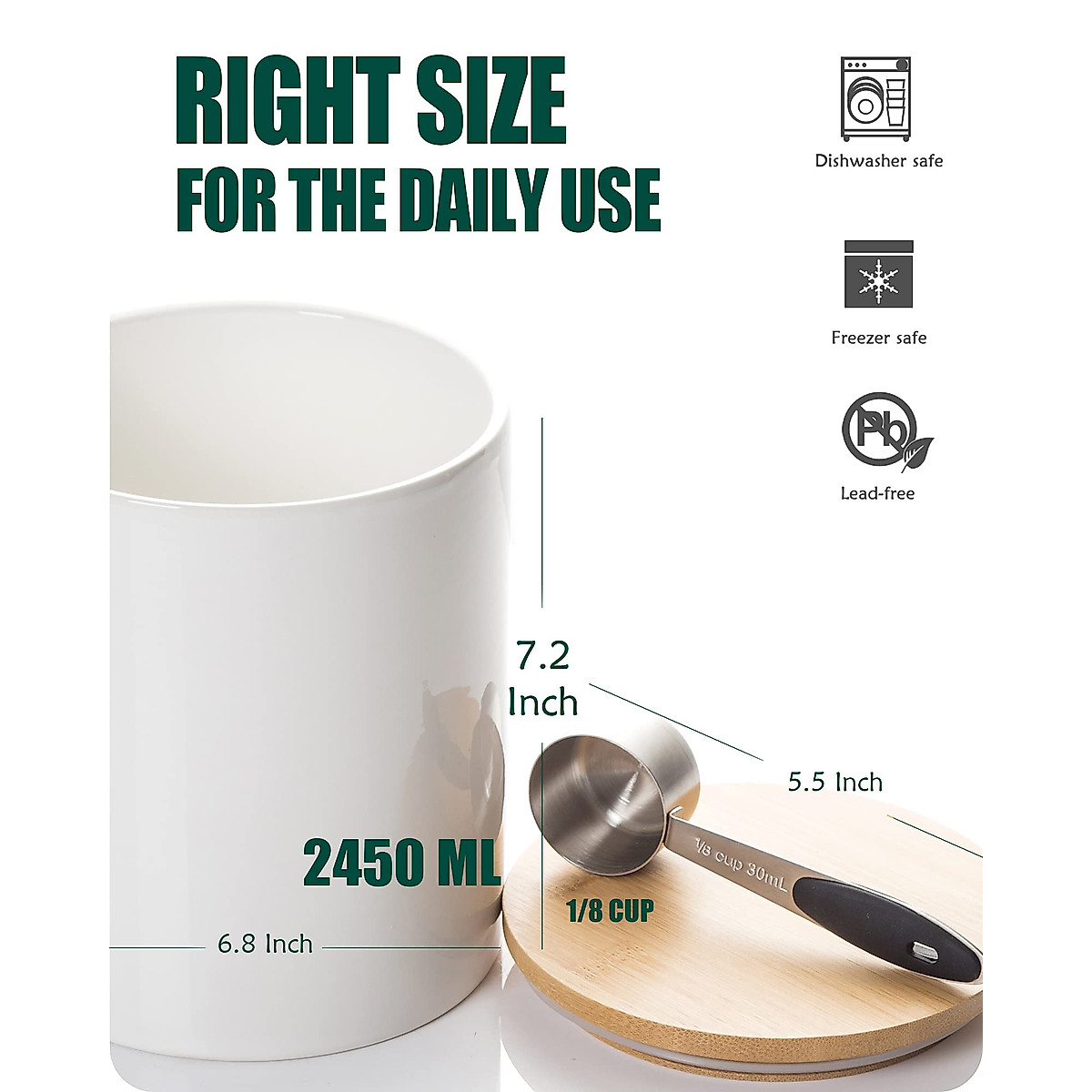 Lareina Ceramic Large Food Storage Canister with Airtight Seal Bamboo Lid, Utensil Holder 82.12 FL OZ (2450 ML) White Cookie Jar for Home and Kitchen Serving for Coffee, Sugar, Tea, Flour and More