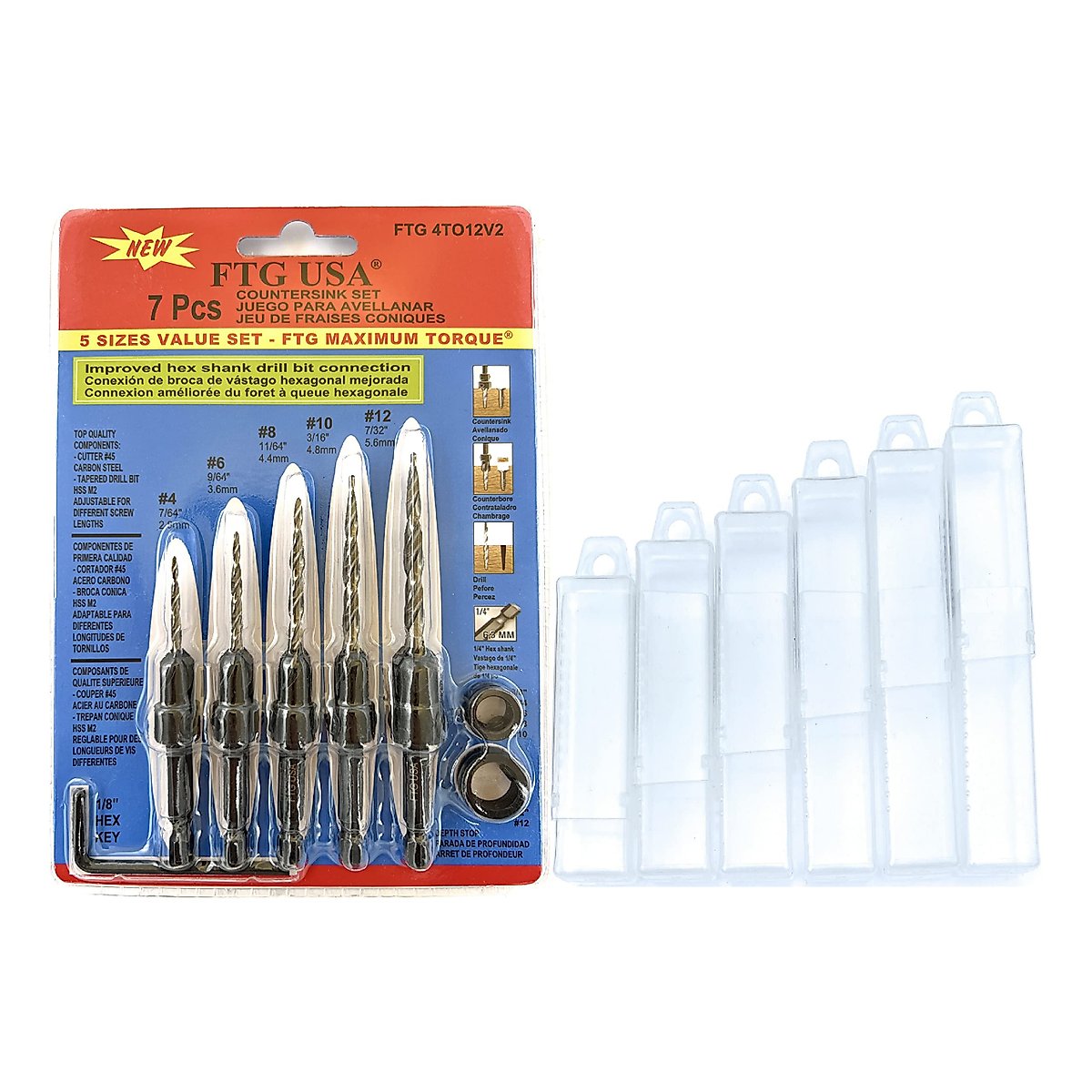 FTG USA Wood Countersink Drill Bit Set 5 Sizes Set Countersink #4, 6, 8, 10, 12 Tapered Drill Bits with Hex Shank Countersink bit, 2 Stop Collar, 1 Allen Wrench, 6 Storage Containers