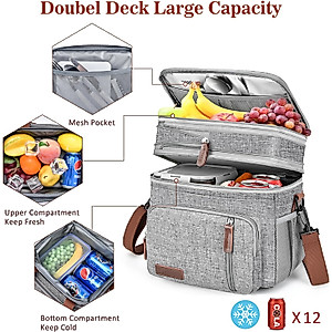 LOKASS Lunch Bag for Women/Men Work, 16L Expandable Double Deck Lunch box, Waterproof Leak-proof Cooler Bag, Portable Meal Prep Lunchbag with Adjustable Shoulder Strap-Grey