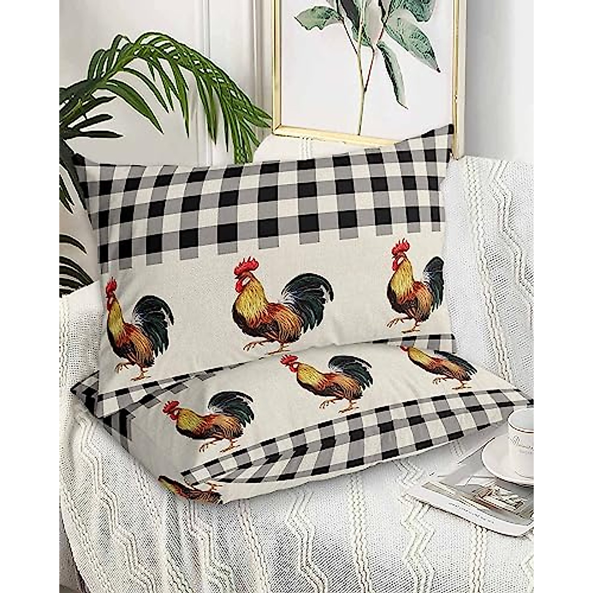Edwiinsa Farm Rooster Pillow Covers Standard Size Set of 2 20x26 Bed Pillow, Farmhouse Animals Rustic Black White Plaid Plush Soft Comfort for Hair/Skin Cooling Pillowcases with Envelop Closure
