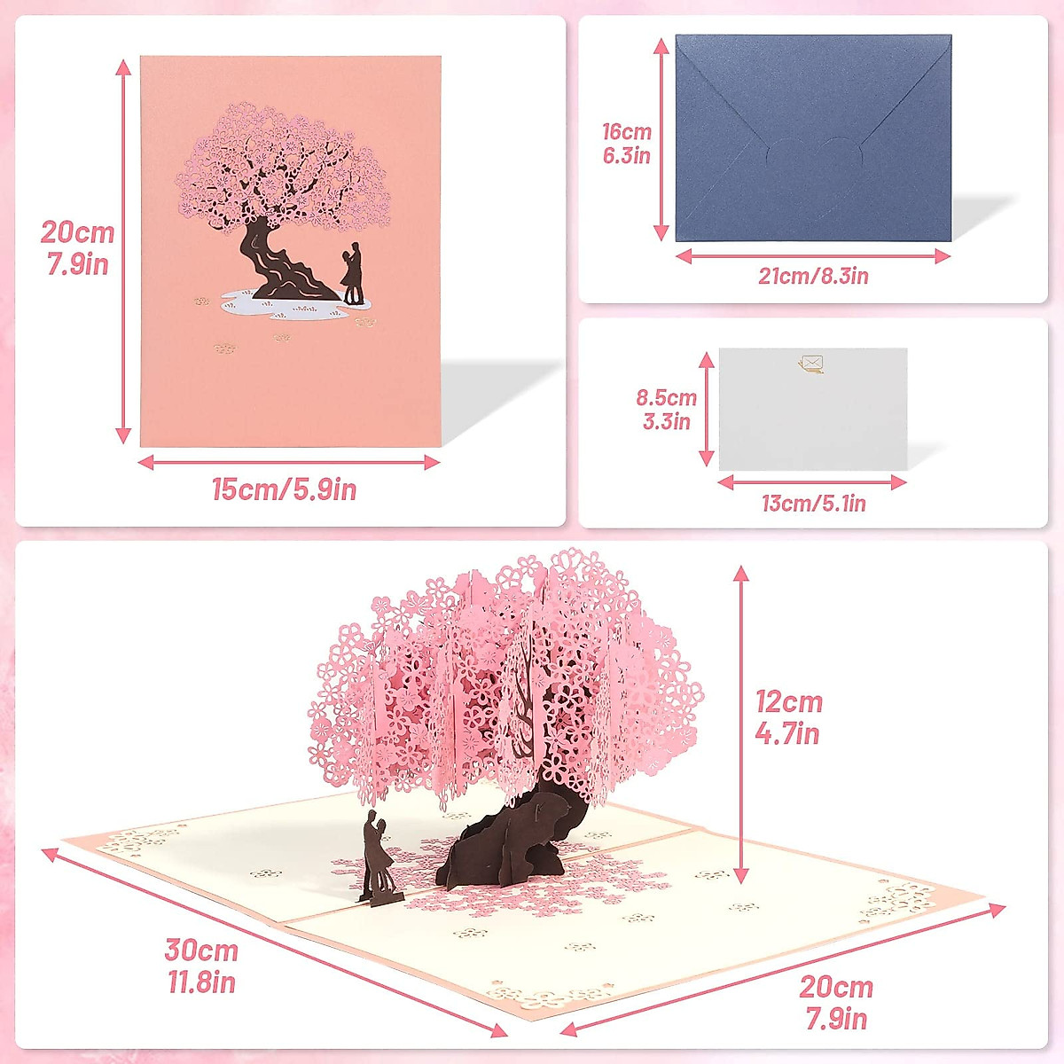 Shynek Cherry Blossom Pop Up Wedding Anniversary Card, 3D Love Card, Valentines Gift for Her, with Envelope and Blank Note