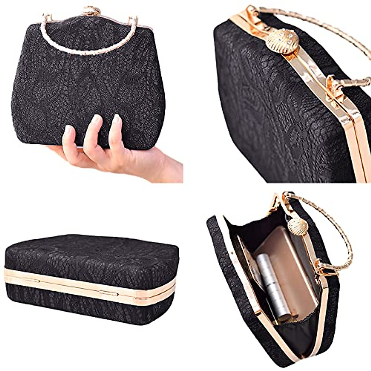 Anopo Evening Clutch Purse Bridal Lady Floral Lace PU Hard Shell Crossbody Bag Top Handle Lock Buckle Handbag Wedding Prom Black