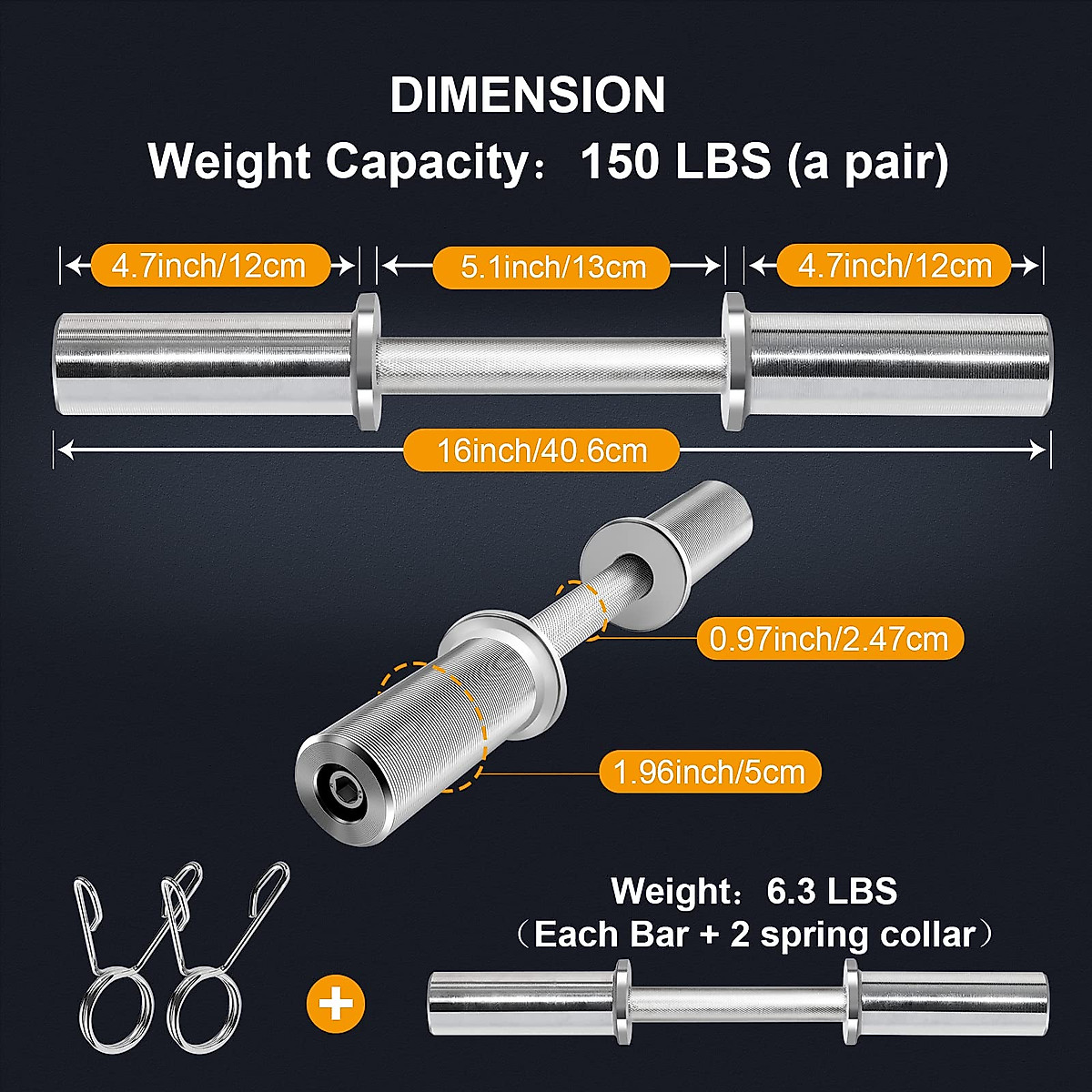 Uboway Olympic Dumbbell Handles: 20" Dumbbell Set for 2" Olympic Weight Plates, Weight Lifting Handles with 2 Pair of Spring Collars, Home Gym Accessories