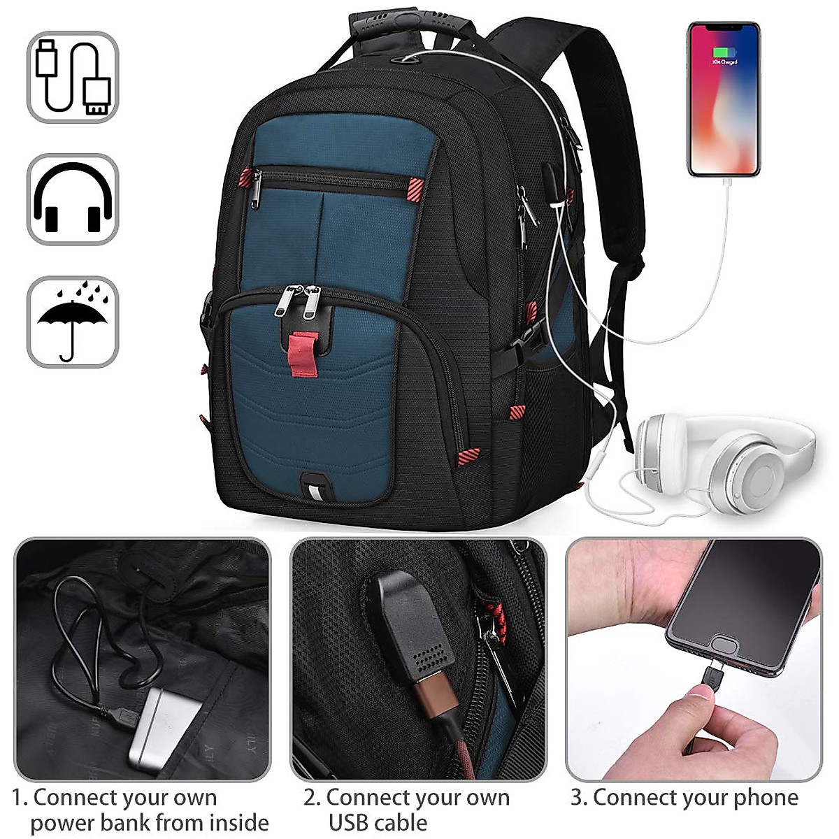 NUBILY Laptop Backpack 17 Inch Waterproof Extra Large TSA Travel Backpack Anti Theft College Business Mens Backpacks with USB Charging Port 17.3 Gaming Computer Backpack for Women Men Blue 45L