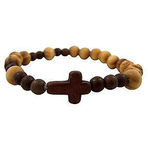 Junior's Olive Wood Religious Cross Stretch Rosary Bracelet, 2.6 Inch (Dia)