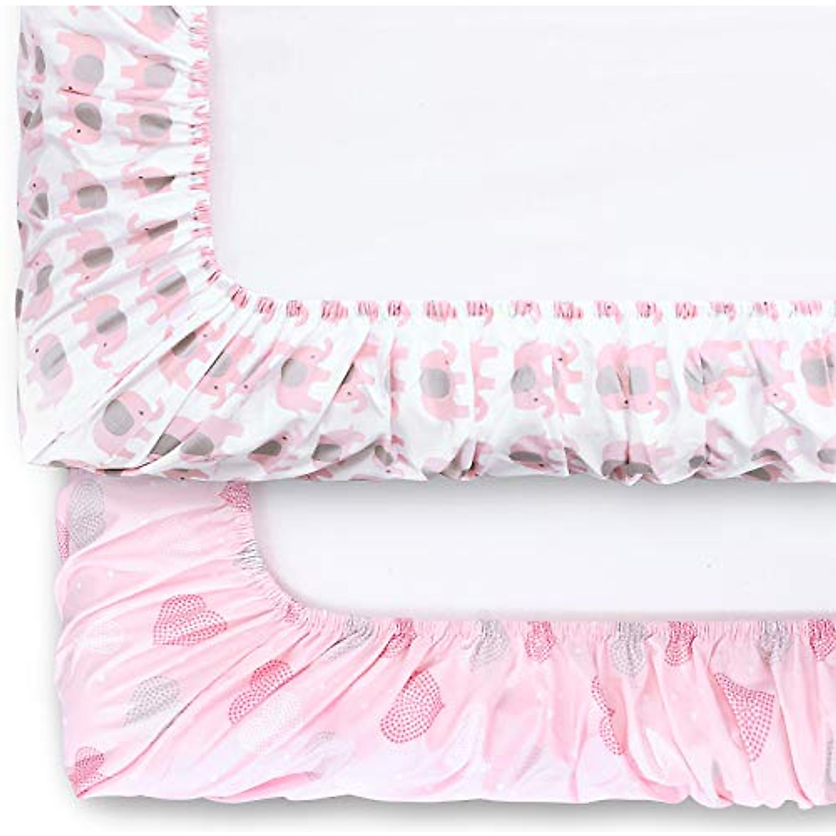The Peanutshell Fitted Crib Sheet Set for Baby Girls, Pink Elephant & Hearts, 2 Pack Set
