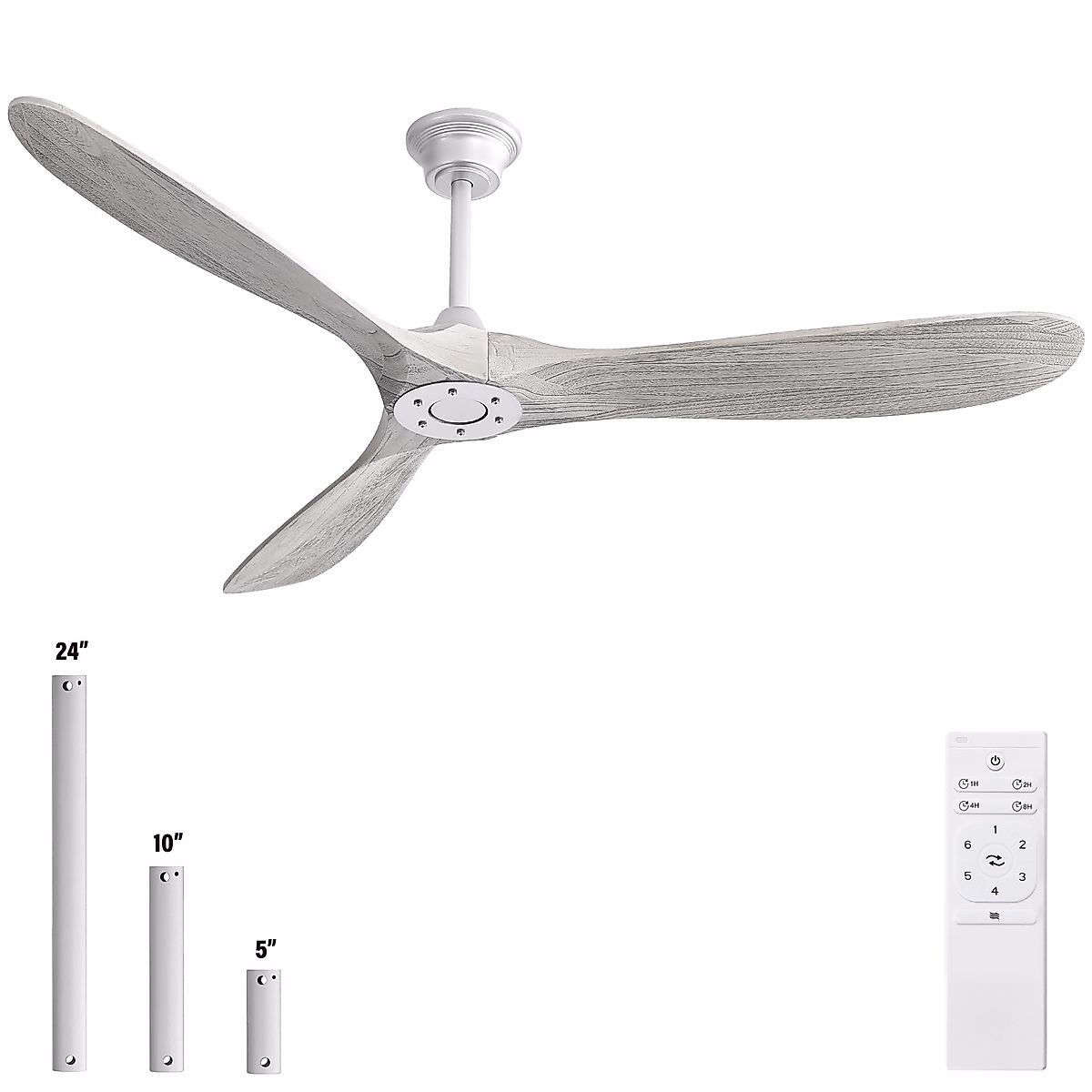 CACI Mall 60" Ceiling Fan no Light, Outdoor Ceiling Fans for Patios Without Lights, Remote Control, Solid Wood 3 Blades, Quiet, Indoor Ceiling Fan for Living Room, Patio, Bedroom, Porch, Farmhouse