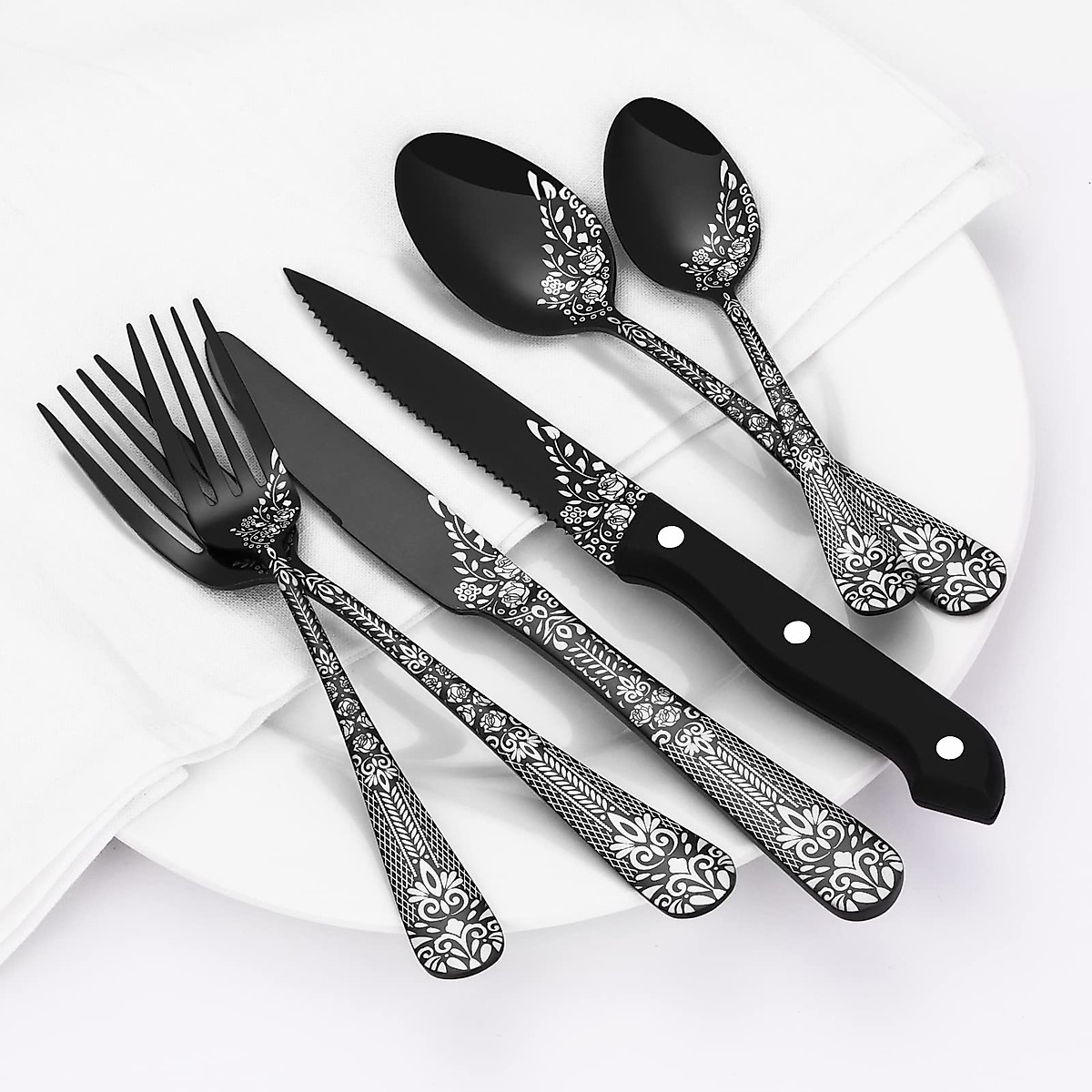 EUIRIO 89-Piece Black Silverware Set with Serving Utensils, Black Flatware Set for 14, Stainless Steel Mirror Cutlery Set, Spoons Forks Knives with Unique Floral Laser, Tableware Set, Dishwasher Safe