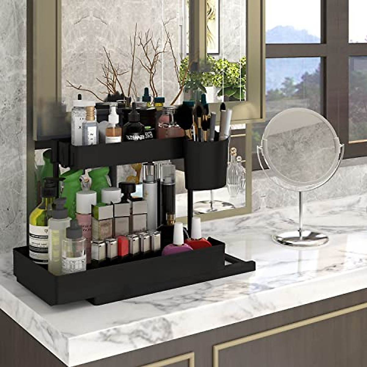 FUNXIM Under Sink Organizer, Under Sink Organizers And Storage, 2 Tier Slide Out Sink Shelf Cabinet Storage Shelves, Multi-Purpose Kitchen Bathroom Sink Organizer, With Organization And Storage Hooks