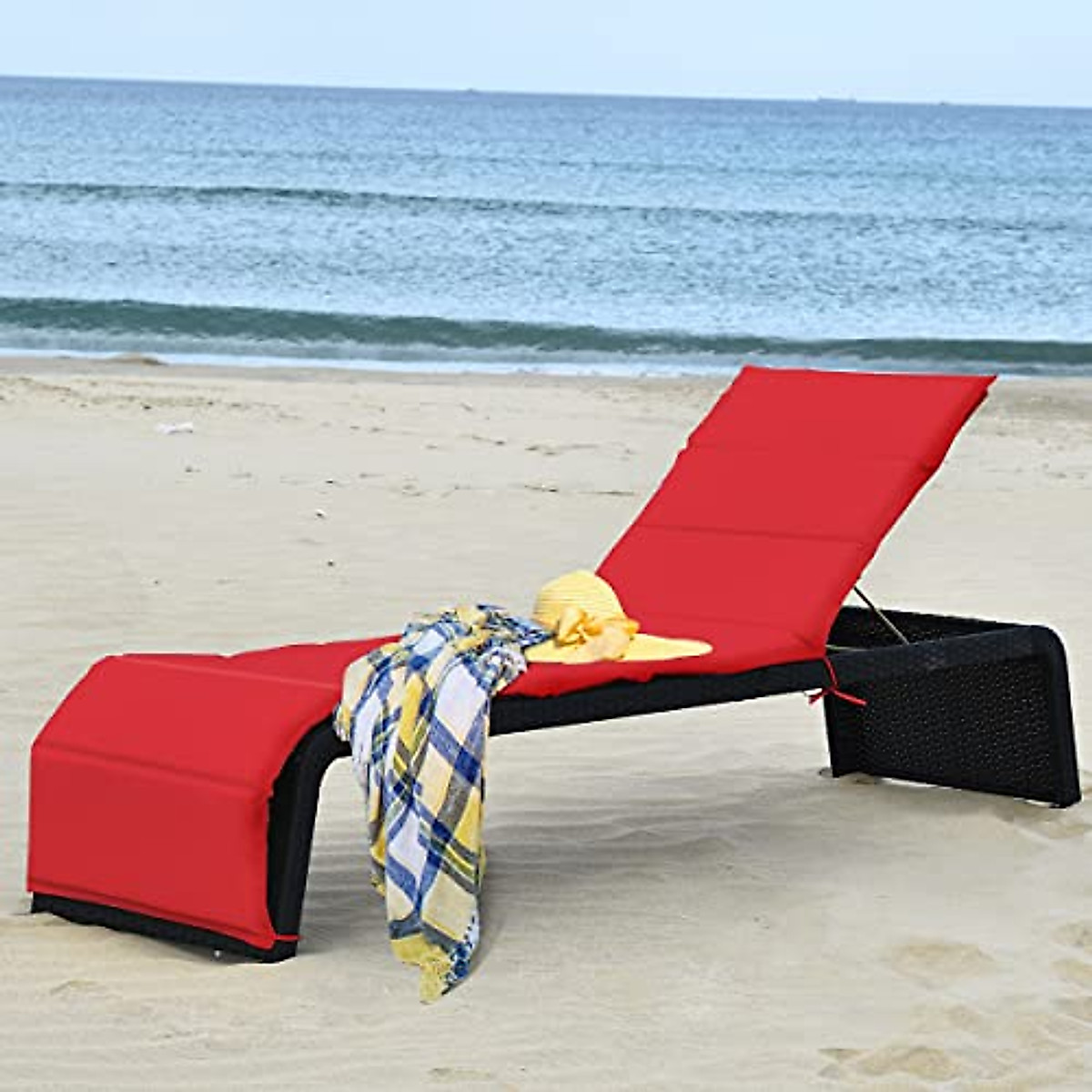 RELAX4LIFE Outdoor Patio Rattan Chaise Lounge, PE Rattan Wicker All Weather Lounge Chair with Adjustable Reclining Backrest and Cushions for Poolside Porch Garden and Backyard (1, Red)