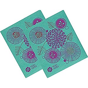 Trendy Tripper Swedish Dishcloth, Jenn Ski Mid-Century Modern Design: Set of 2 Same Color Floral Flowers (Red + Purple on Turquoise)