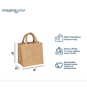 Imagine Color 50 Small Jute Burlap Gift Bags with Handles in Bulk, Burlap Tote, Wedding Welcome Bags, Bridesmaids Gifts, Bachelorette Party Favors Swag bags DIY Reusable 8”x 8”x6